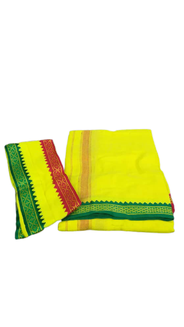Men's tradisional cotton yellow vesti /dhoti with red and green zari ...