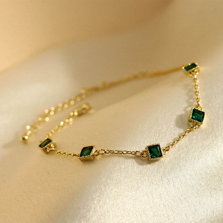 Efenji French Style Shiny Green Square Crystal Chain Bracelet Women ...