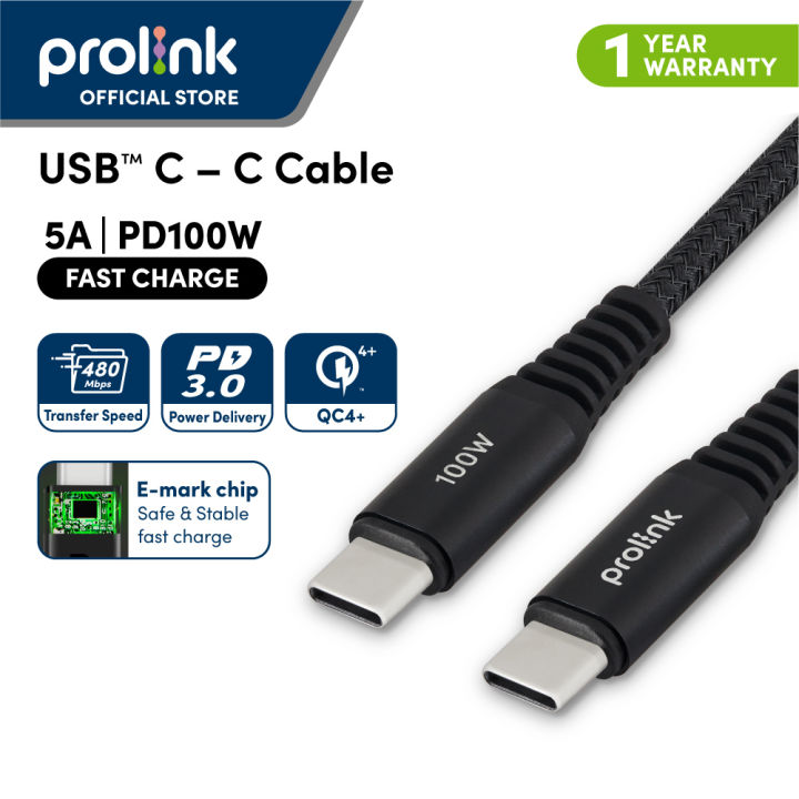 Prolink Fast Charging USB C-C 100W PD Data Transfer Cable| Nylon Braided (5A|PD100W| 2M) E-mark ...