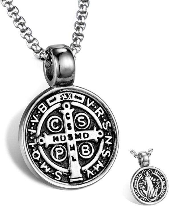 Men's St Benedict Exorcism Pendant Necklace Stainless Steel Catholic ...