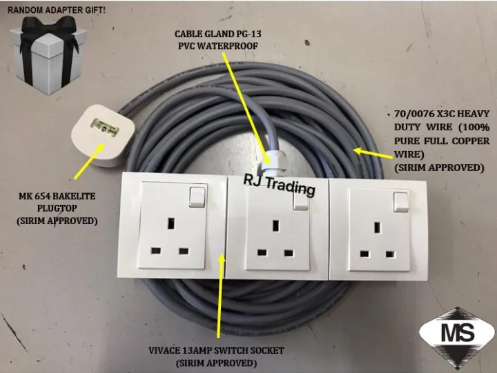 (READY STOCK) 0.5m-10m HEAVY DUTY EXTENSION TRAILING SOCKET 3 WAYS ...