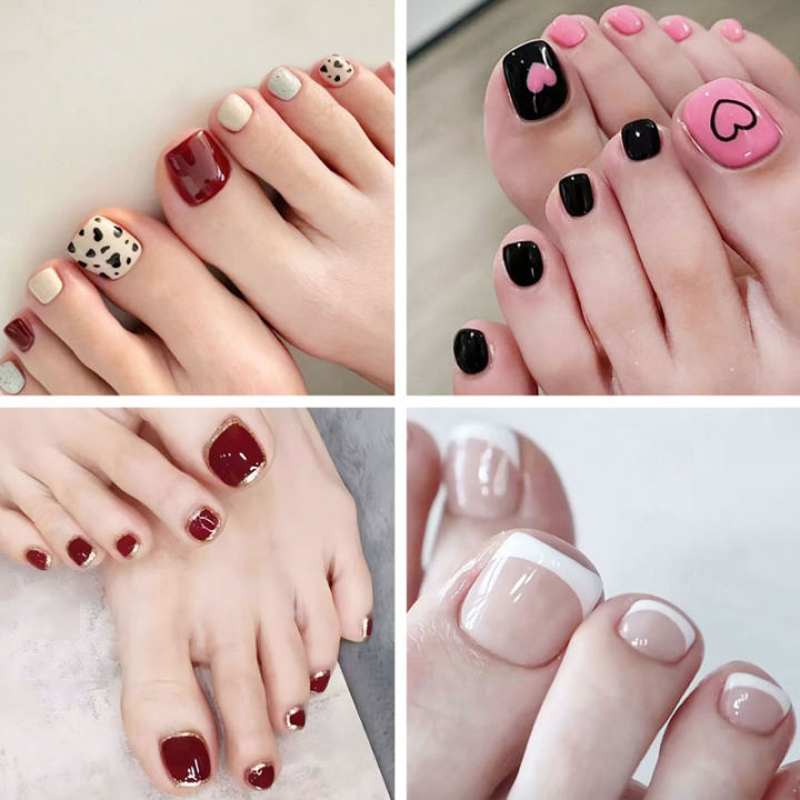 【with Glue】 24pcs Toenail Set Lemon Blue Cat Eye Phototherapy Nail