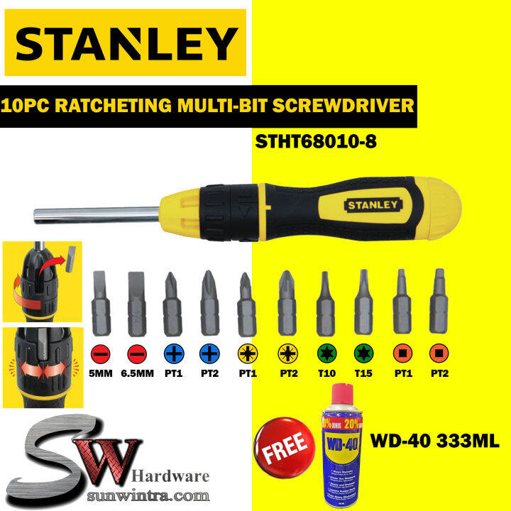 STANLEY 10PC RATCHETING MULTI-BIT SCREWDRIVER STHT68010-8 F.O.C WD-40 ...