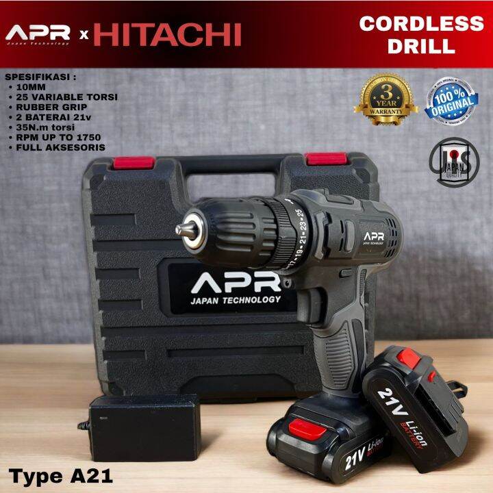 HITACHI APR JAPAN BOR BATERAI CORDLESS 21V 10MM BOR BESI KAYU TEMBOK ...