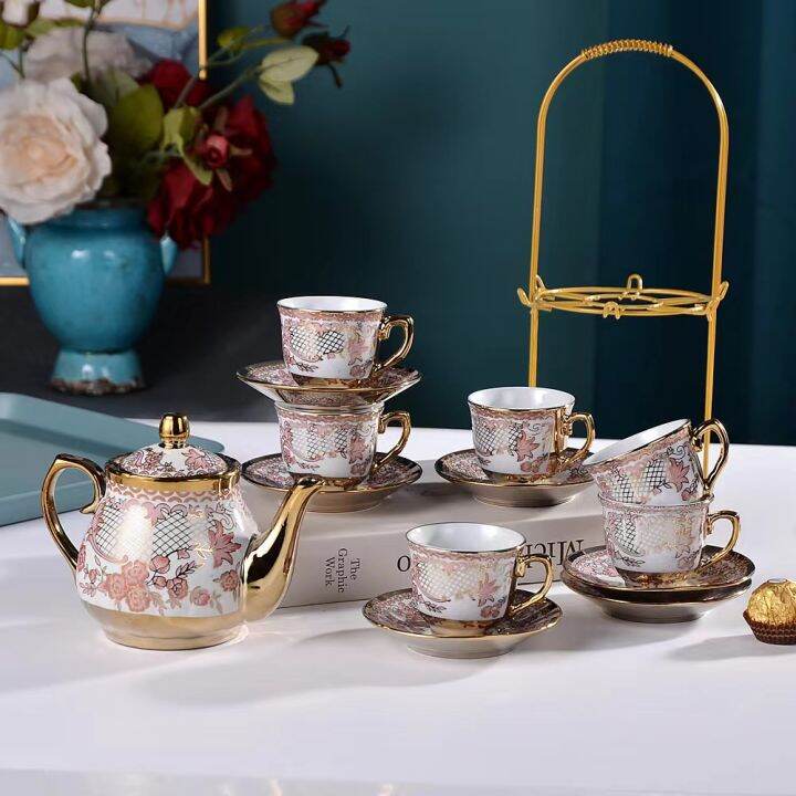 14 pcs Medieval European Fantasy Teacup and Teapot Set with Metal Rack ...