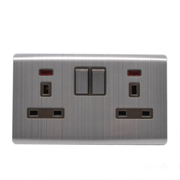 13A Double Wall Socket UK Standrad Stainless Metal Style with led light ...