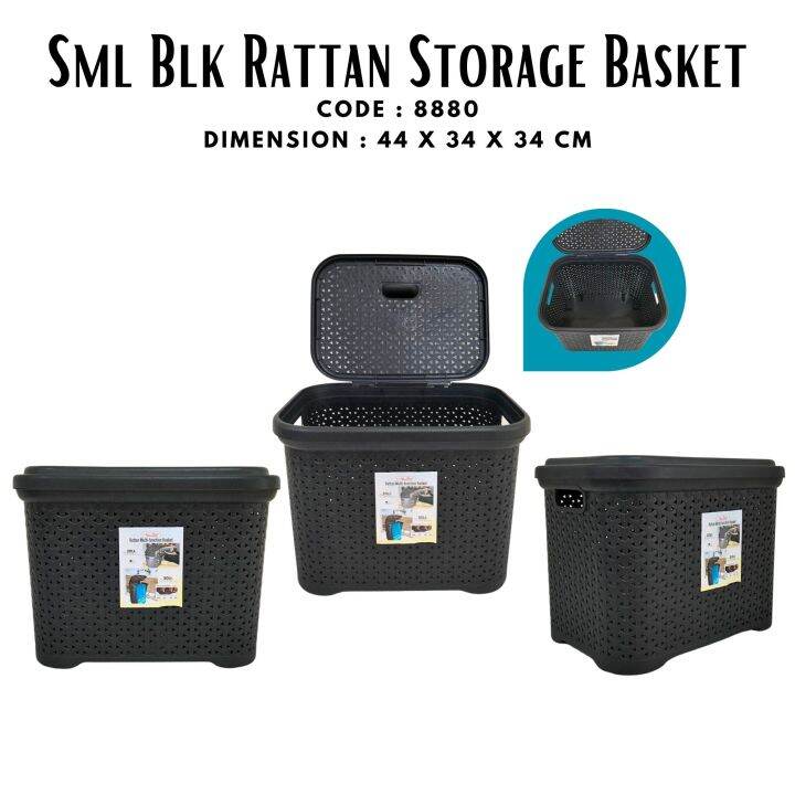 SML BLK RATTAN STORAGE BASKET/SMALL BASKET RATTAN WITH COVER/BLACK ...