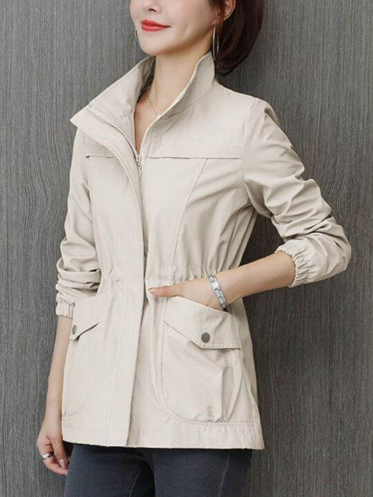 ใหม่ฤดูใบไม้ผลิฤดูใบไม้ร่วงของผู้หญิง T Rench Coat สั้นยืนคอปกเอวแขนยาว ...