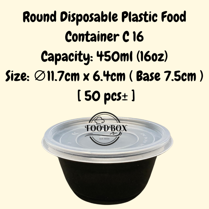 FOODBOX - 16oz Round Disposable Plastic Food Container BLACK ( 50pcs± ) EC C-16 / EC C16 (450ml ...