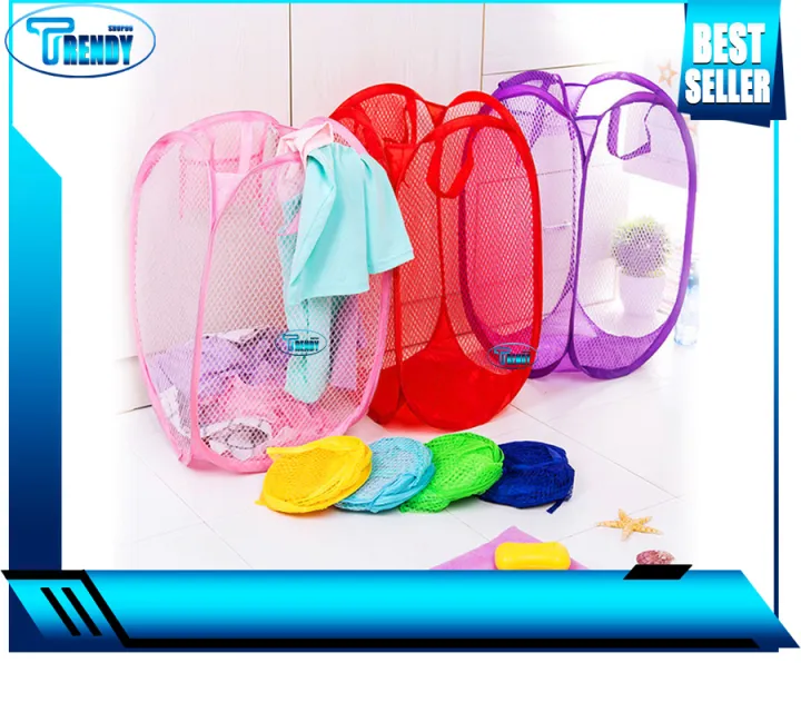 Random Color）Foldable Pop Up Washing Laundry Basket Bag Hamper Mesh ...
