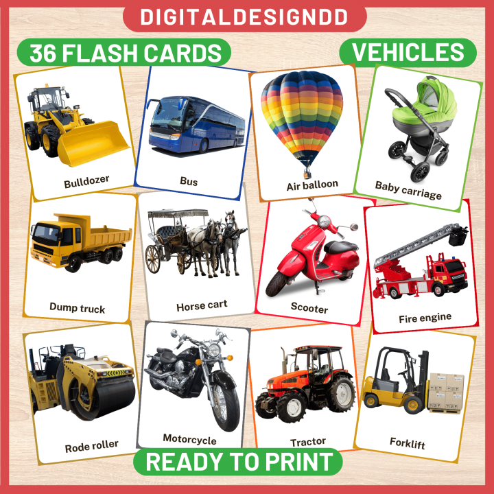 Vehicle Digital PDF Flash Cards for baby kids toddler preschool Kad ...