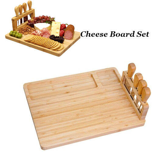 (CHEESE BOARD) Rectangle Bamboo Cheese Board with Cutlery with 4 ...