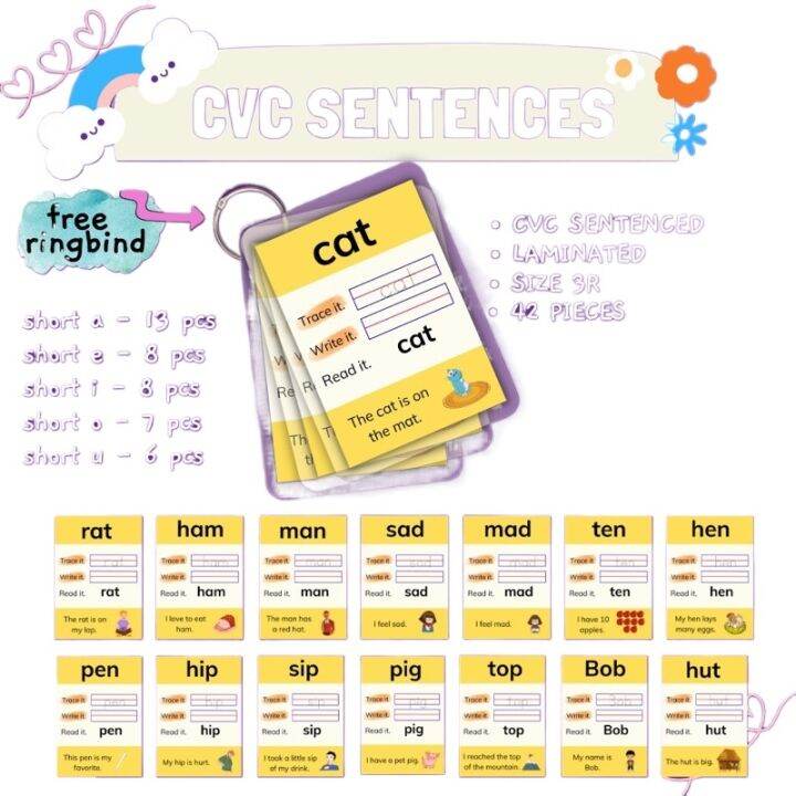 CVC complete sentence flashcards short A to U laminated with tracing 42 ...