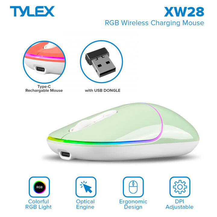 TYLEX XW28 2.4G RGB Wireless Mouse Type - C Charging 1600DPI USB 3.0 ...