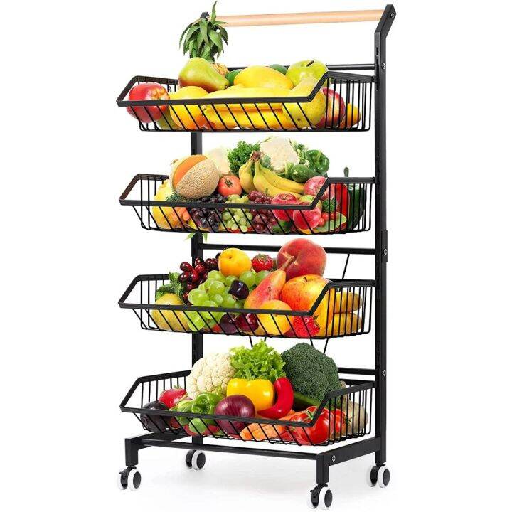 4 Tier Vegetable Storage Basket Rolling Cart With Handle And Wheels ...