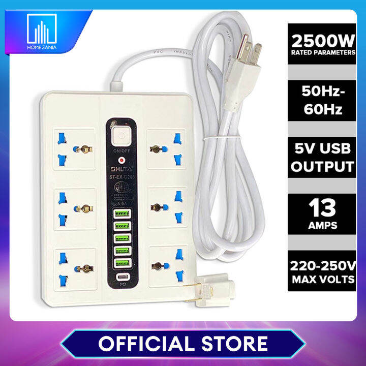 Home Zania 2-4M Socket Extension 6 Outlet 5 USB Ports, Extension Cord ...