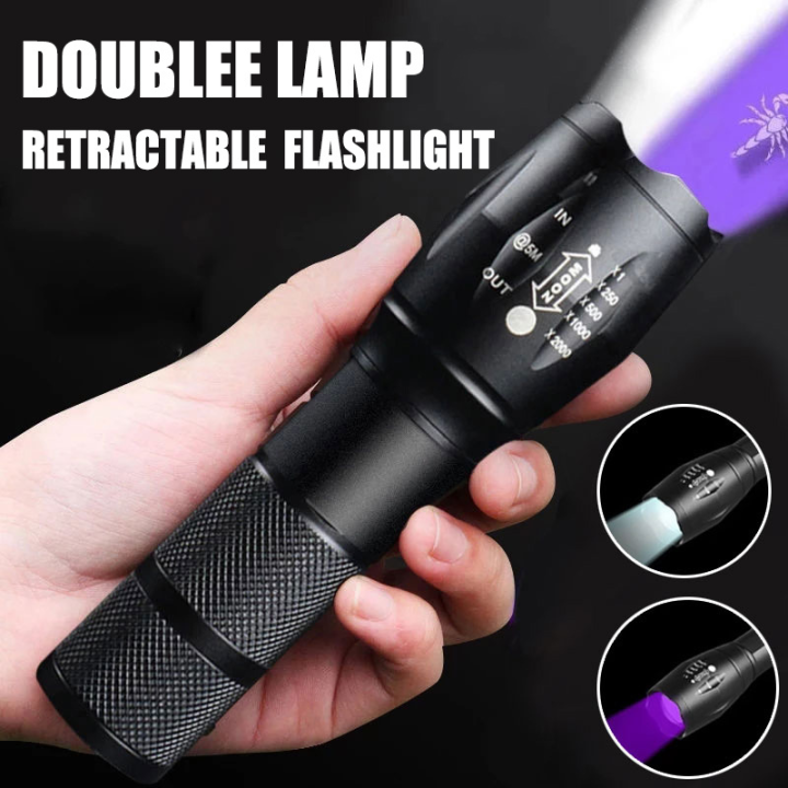 LED UV Flashlight Purple White Dual Light Flashlight 5 Modes Zoomable ...