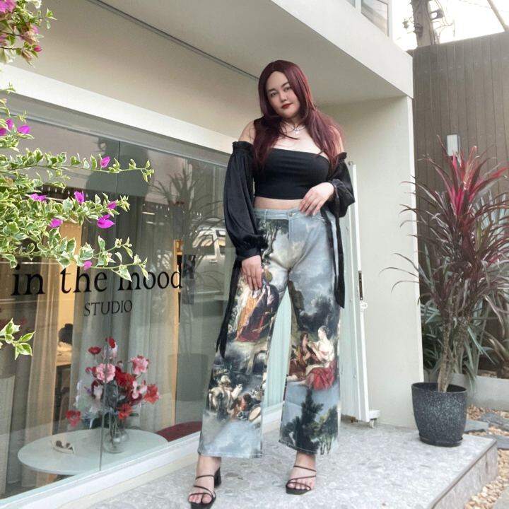 Molli.bkk Victoria Jeans กางเกงยีนส์พิมพ์ลายภาพวาดclassic | Lazada.co.th