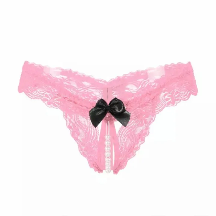 Pink Lace Open G-String W Pearl จีสตริงลูกไม้สีชมพู เป้าเปิด แต่งมุก ...