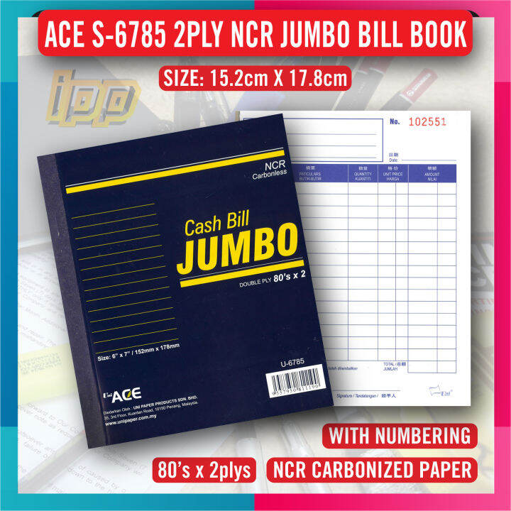 Uni Ace Jumbo Cash Bill Book NCR 2Ply 15.2cm X 17.8cm / Buku Bil Tunai ...