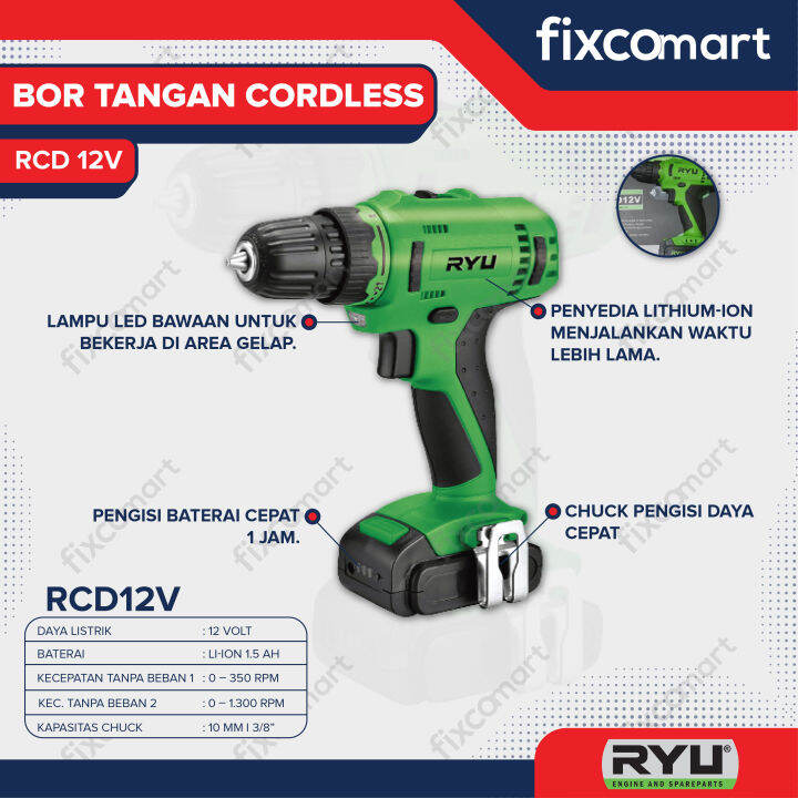 RYU Mesin Bor Tangan Cordless RCD 12V / Mesin Bor Baterai Portable 12 ...