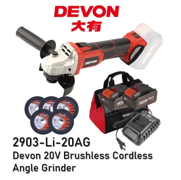 DEVON 2903-AG100 20V BRUSHLESS ANGLE GRINDER WITH 4.AH BATTERY AND ...