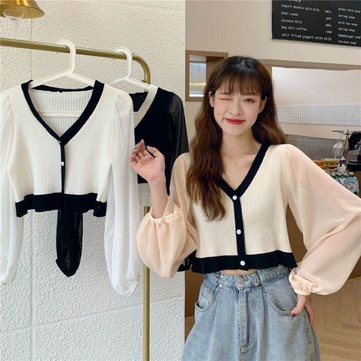 XJXJ.SHOP เสื้อคอวีแขนชีฟอง กระดูมแกะไม่ได้ 823 | Lazada.co.th