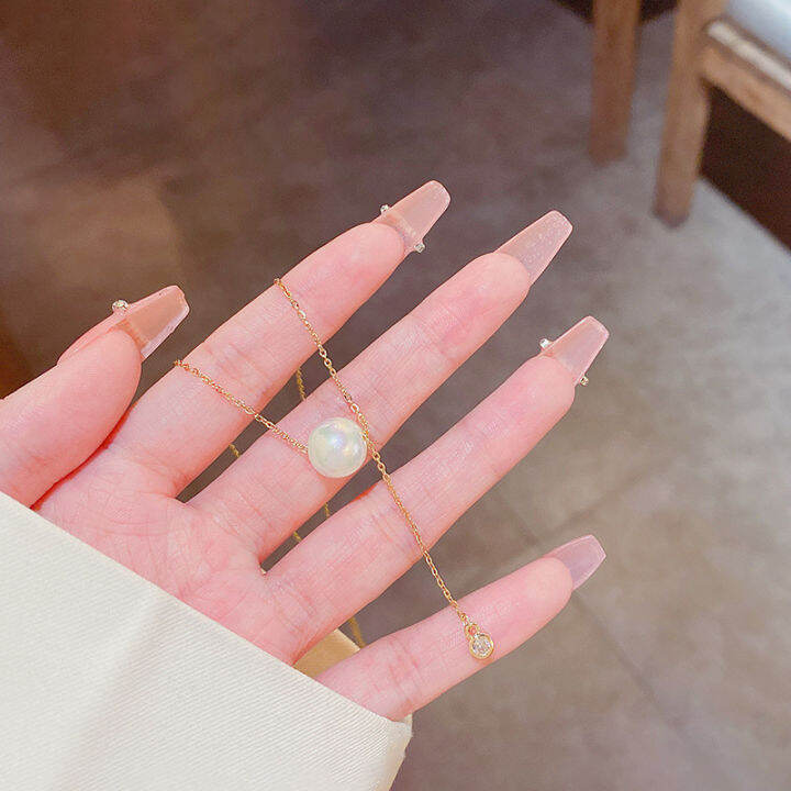 HUMOK สร้อยคอมุกเหล็กไทเทเนียมหรูหราเบาสไตล์เกาหลีสำหรับผู้หญิงดีไซน์ ...