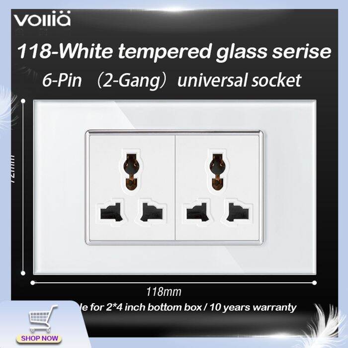 2 Gang Wall Socket Outlet with Glass Panel 3/6 Pin Plug 220V Multiple ...