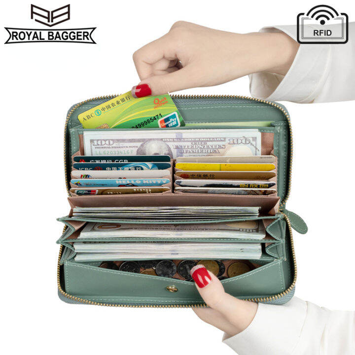 Royal Bagger ใหม่ RFID ซิปกระเป๋าสตางค์ยาวสำหรับผู้หญิงหนังวัวแท้ขนาด ...