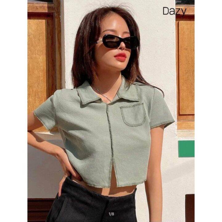 SS CHIN Crop Top Collar Blouse Tops with Pocket wt0195 | Lazada PH