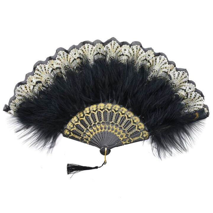 WEAPON Gold Edge Feather Fan Embroidered Black Handheld Fan Sturdy ...