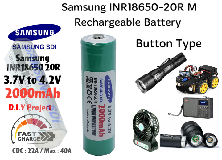 Button Top Samsung 18650 20R Battery 2000mAh 22A Positive Cap Original ...