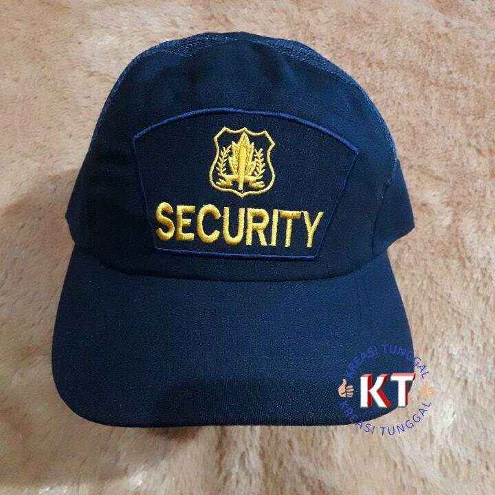 topi satpam larici logo tulisan kuning/topi larici securty biru dongker ...