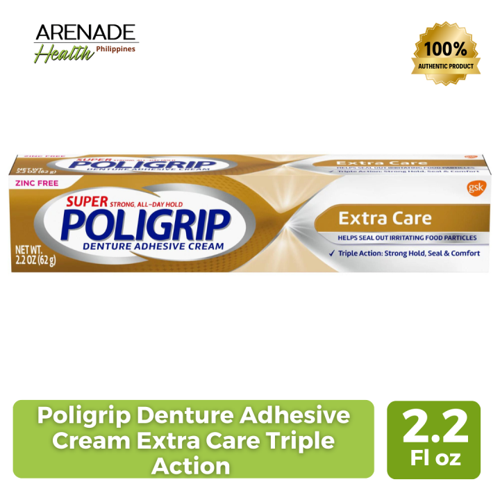 Poligrip Denture Adhesive Cream Extra Care Triple Action - 2.2oz ...