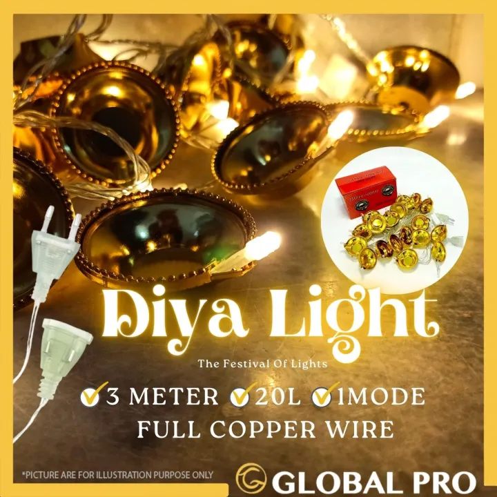 GLOBAL PRO Diwali Light GOLDEN 20L Deepak Diya LED Fairy String Light ...