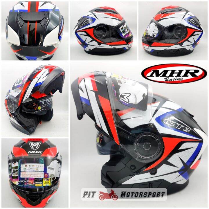 MHR Racing Full Face Helmet Flip Up Double Visor FU926 Red White R15 ...