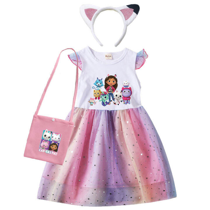 Adorable Cartoon Gabby Cats Fly Sleeve Baby Girl Dress with Bag and ...