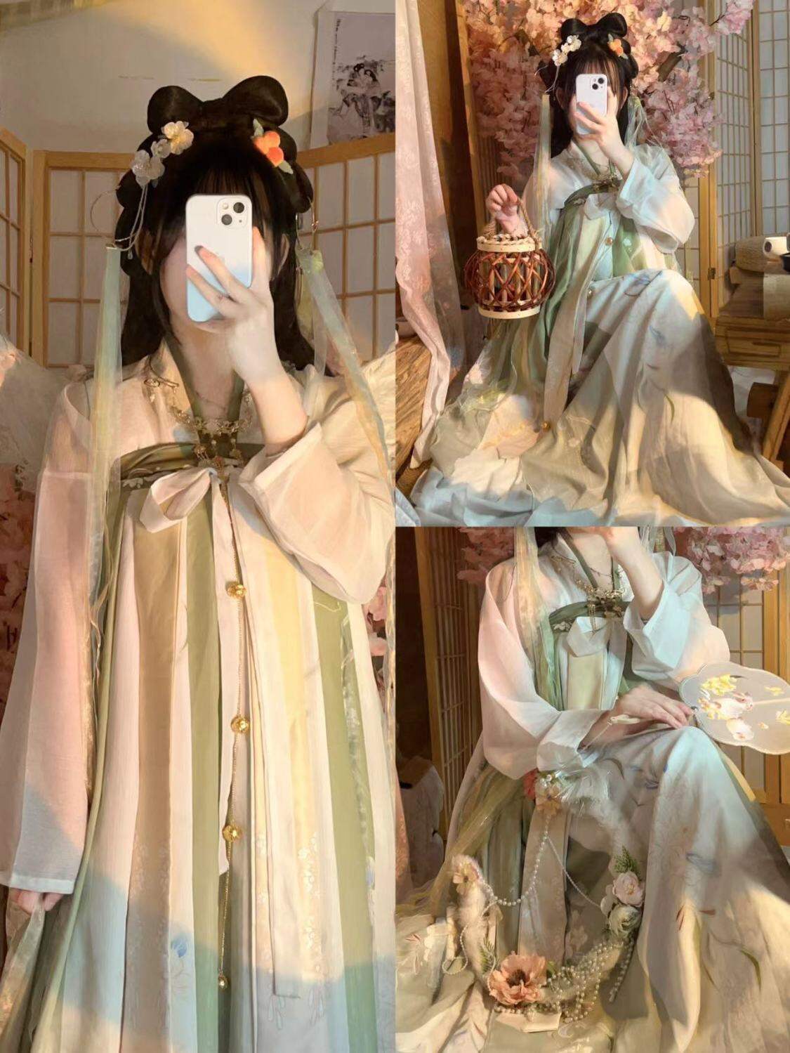 Hanfu กระโปรงยาวถึงหน้าอกของผู้หญิงผ้าพิมพ์ลายสไตล์จีนเสื้อผ้าเต้นรำชุด