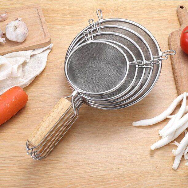 BX34-38 Stainless Steel White Wood Handle Double Eared Strainer Net Oil ...