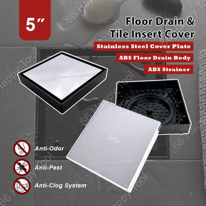 [13x13cm] Sofia 5Inches Insert Floor Trap Stainless Steel Square Drain Grating Anti-Odor ...