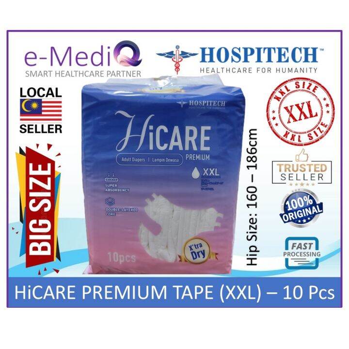 HiCARE Adult Premium Tape Diapers/ Lampin Dewasa (Size: XXL) 10pcs Per Bag (Unisex) [Exp: Nov/25 ...