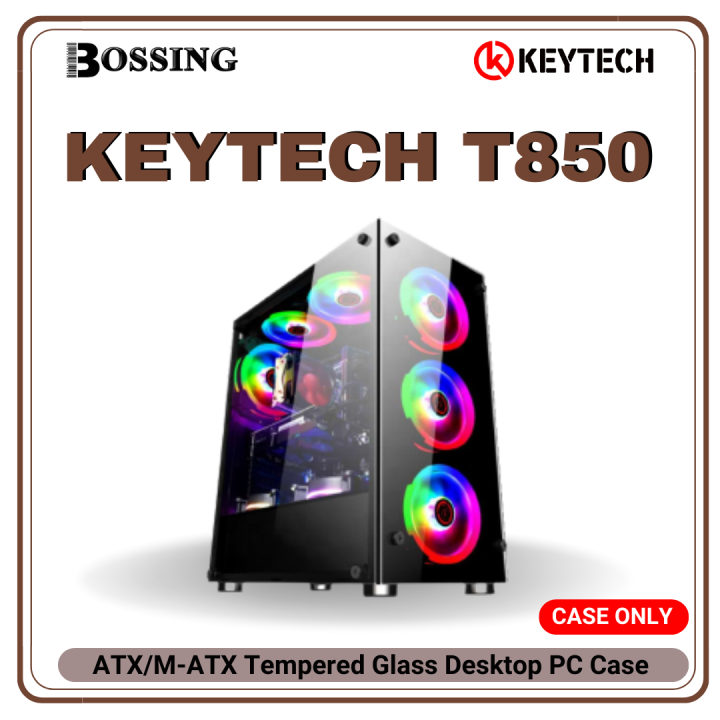 KEYTECH T850 MID TOWER GAMING CASE TEMPERED GLASS SIDE PANEL FULL PSU ...