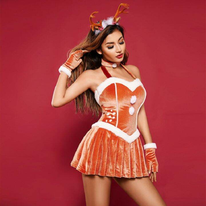 Pickmine 2022 New ชุดกวางคริสต์มาสสำหรับผู้หญิง,ชุดเดรส Deluxe Halter + Thongs + Choker ...