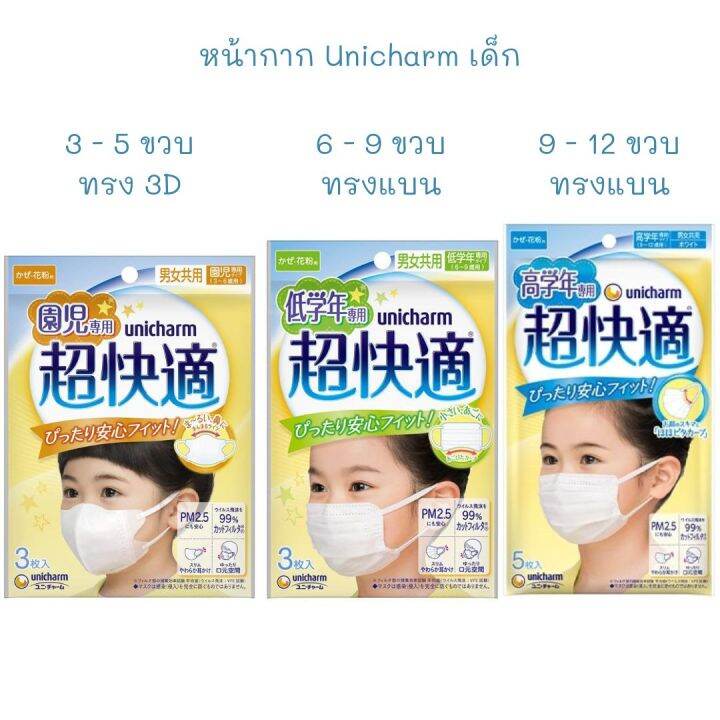 [มีขนาดออกใหม่‼] Unicharm เด็ก 3-5 6-9 และ 9-12 ขวบ หน้ากาก 3d กันไวรัส PM2.5 แพค 3 ชิ้น หน้ากาก ...