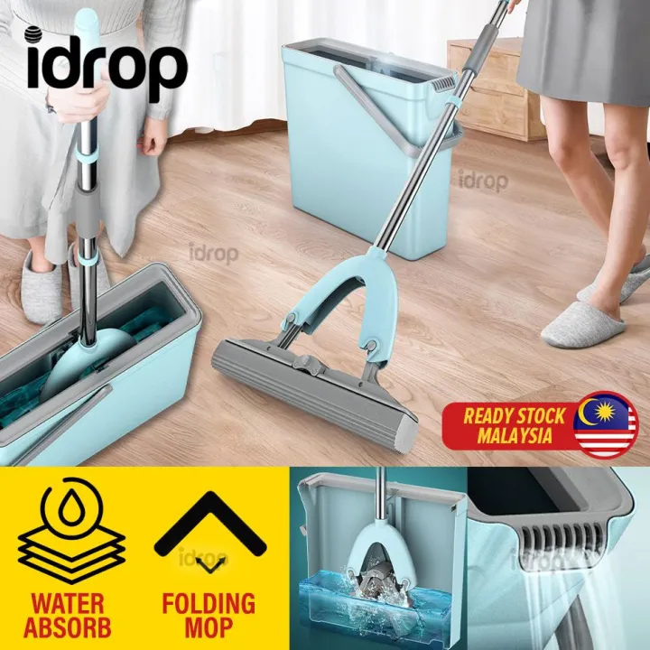 idrop Water Absorbent Double Fold Sponge Mop with Bucket / Mop Pencuci ...