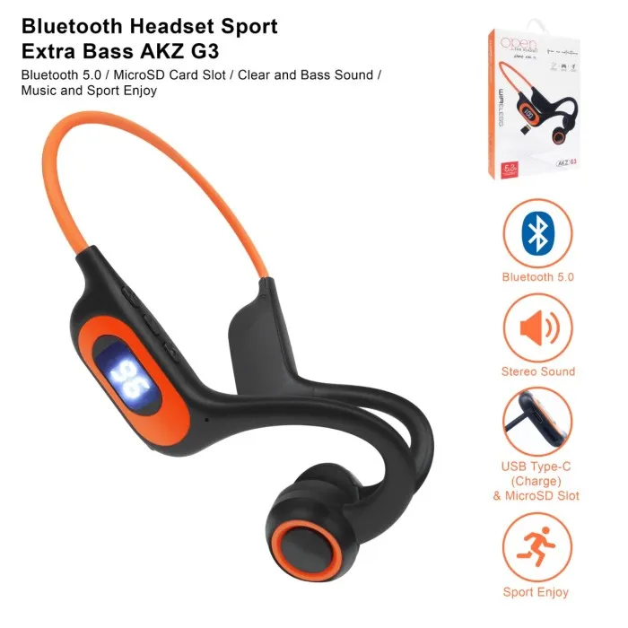 AKZ-G3 Headset Bluetooth Nirkabel, Konduksi Tulang dengan Tampilan Daya LED Earbud Kait Telinga ...