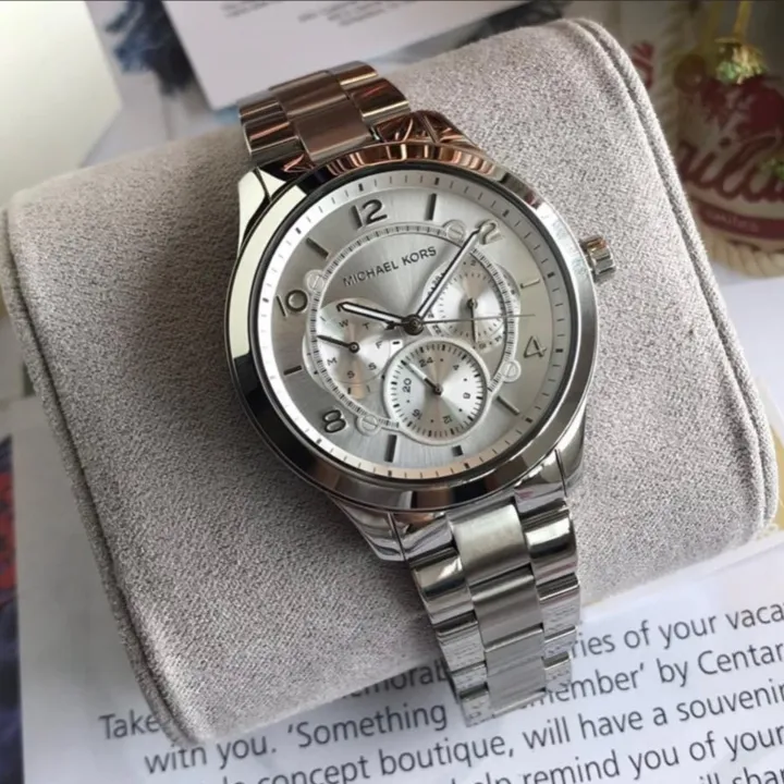 Guaranteed Original Michael Kors Silver Tone Women's Runway Chronograph ...