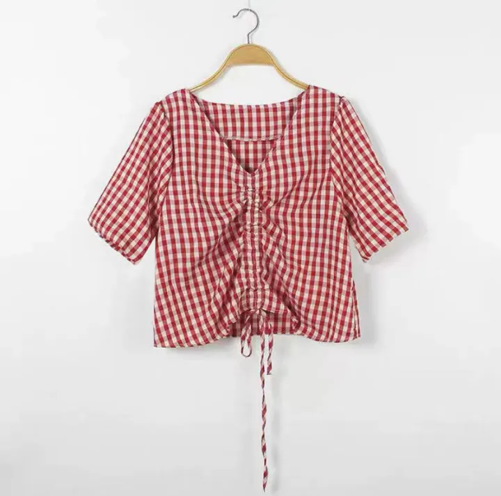 korean fashion checkered V-neck string Adjustable Crop Top | Lazada PH