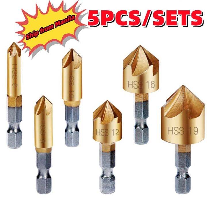 6pcs 5 Flute Countersink Drill Bits Set Counter Sink Chamfer Cutter 1/4 ...